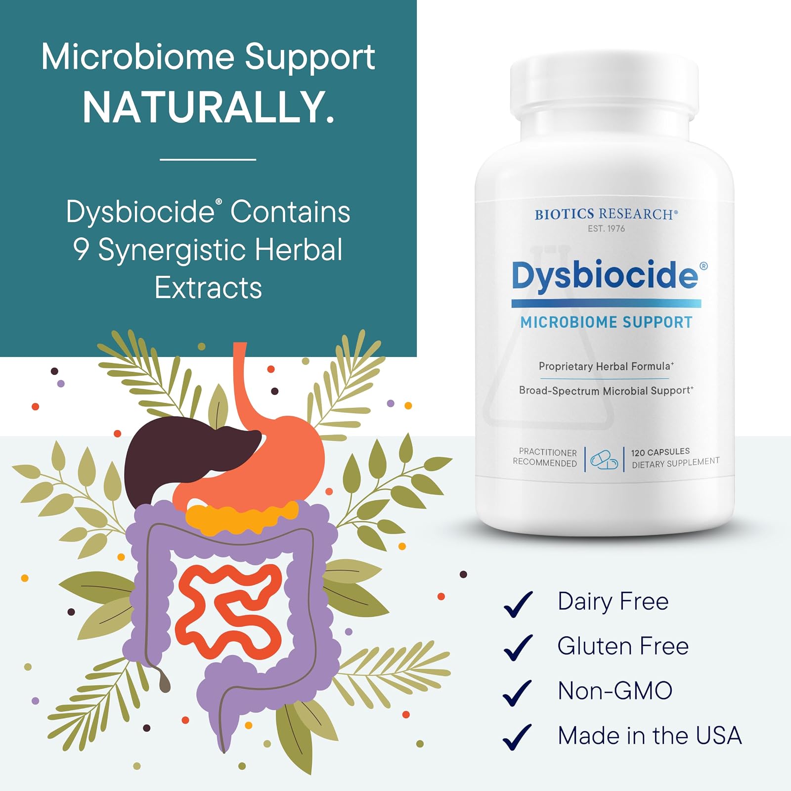 Dysbiocide capsules for gut balance