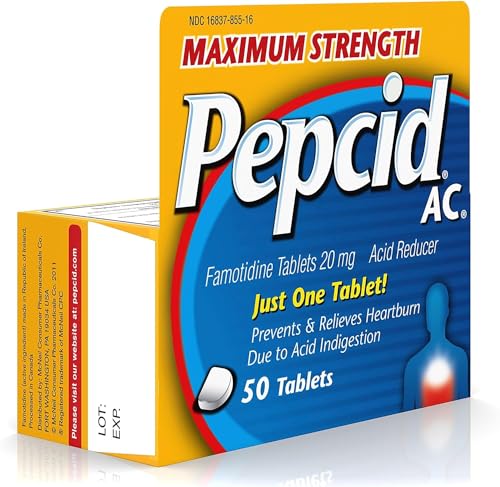 easy-to-swallow Pepcid Max Strength antacid tablets