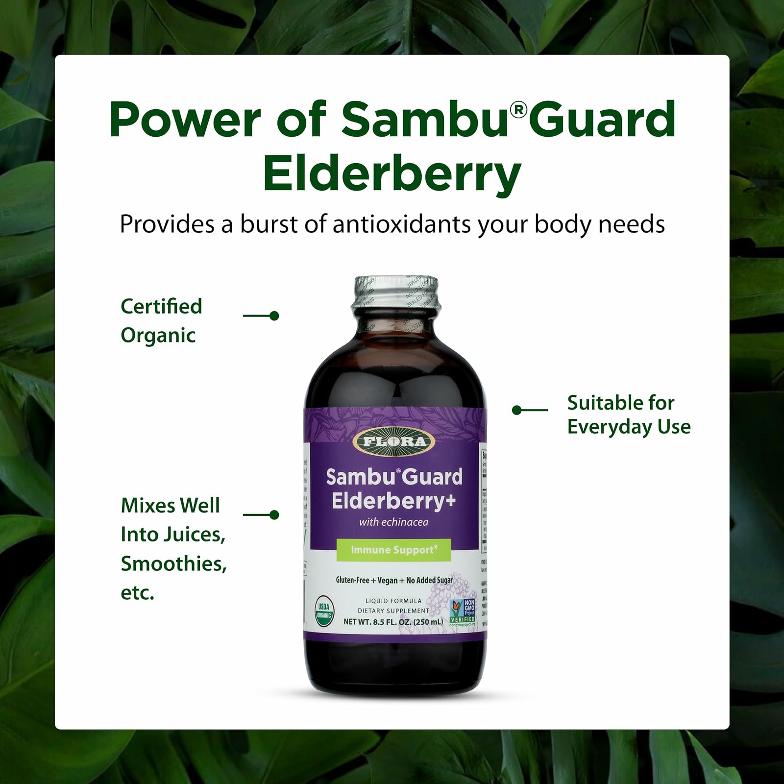 FloraHealth elderberry syrup in glass bottle