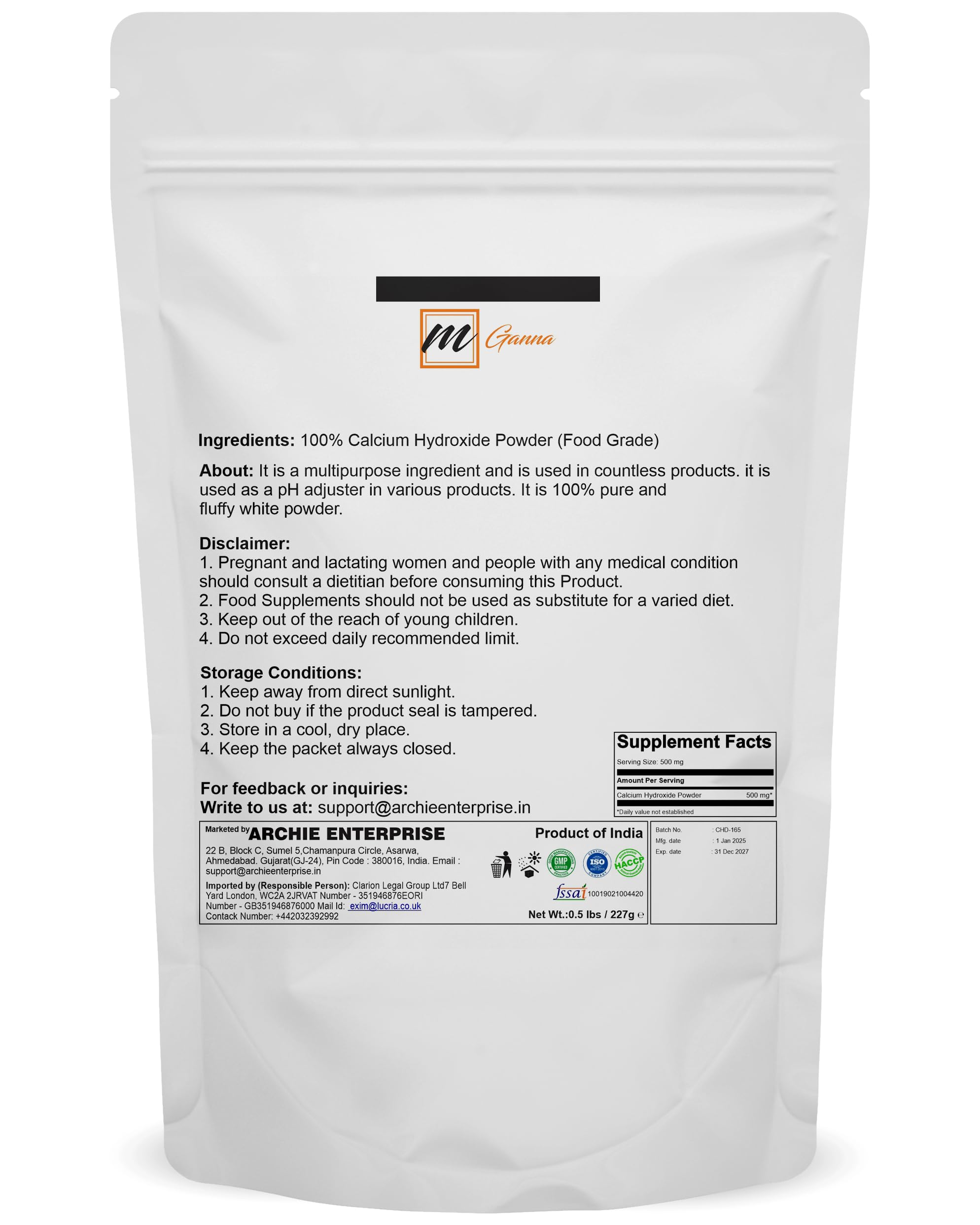 food grade calcium hydroxide use