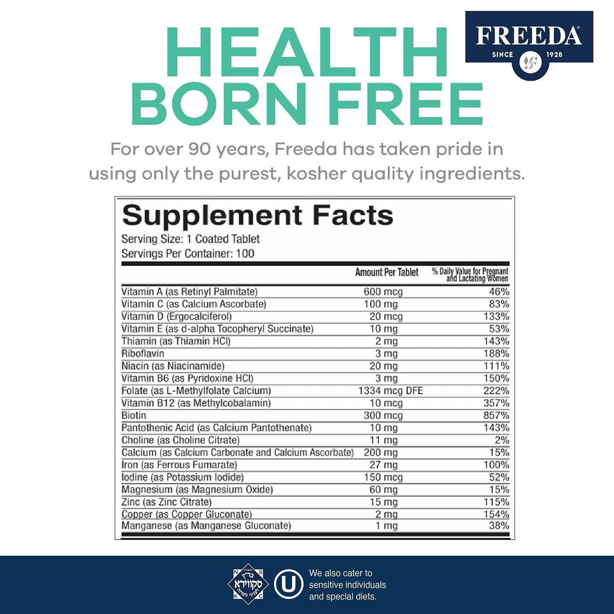 FREEDA prenatal vitamins with iron and folic acid