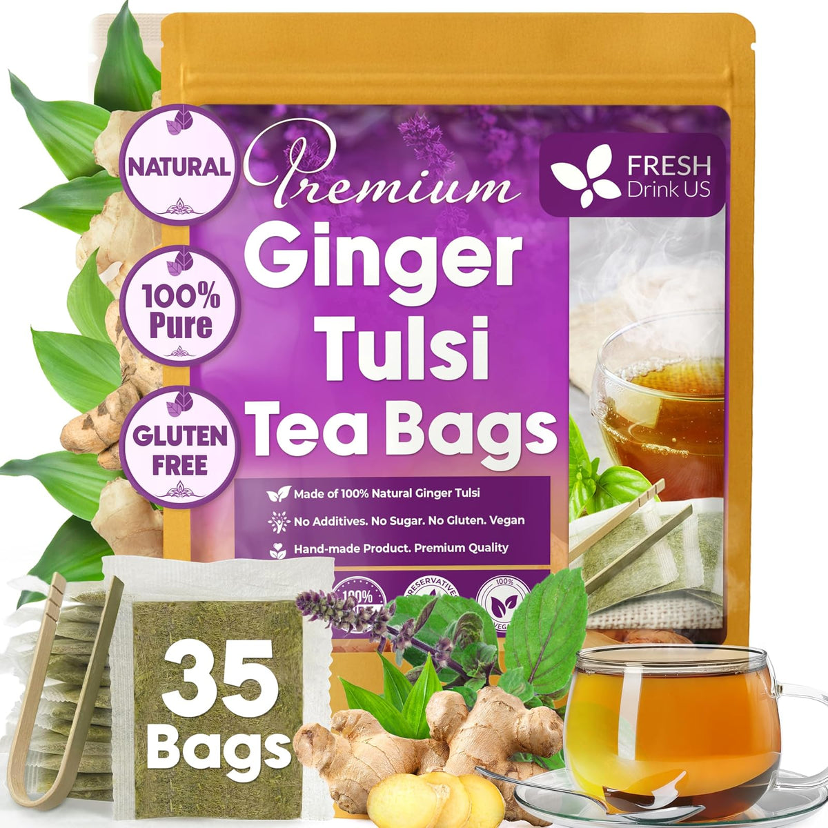 FreshDrinkUS ginger tulsi herbal tea bags