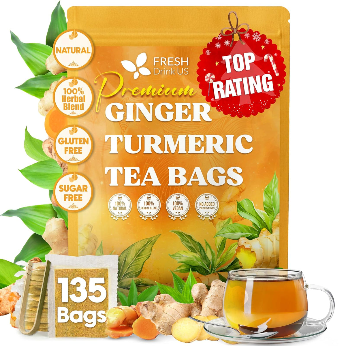 FreshDrinkUS ginger turmeric herbal tea bags