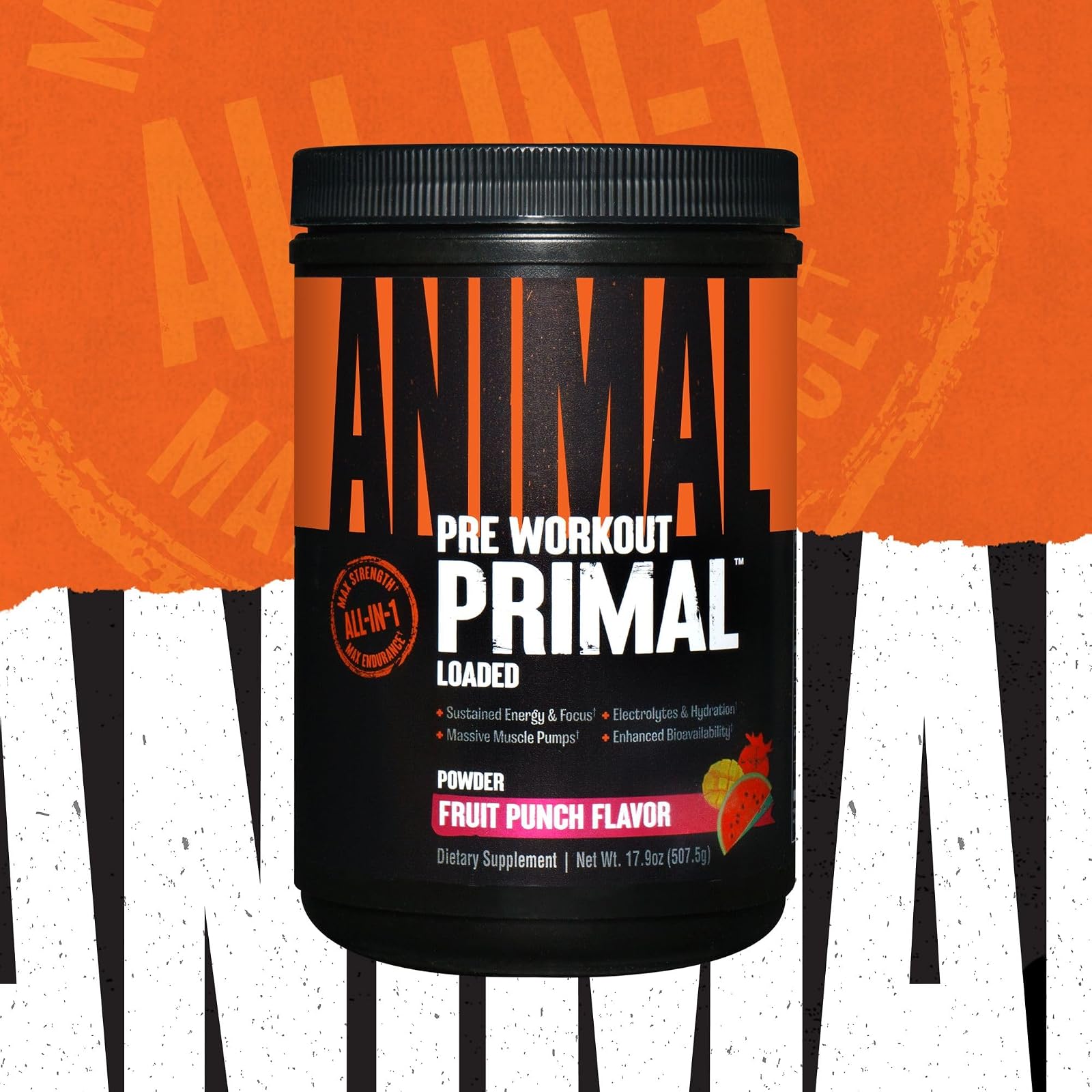 Fruit punch flavour pre-workout supplement