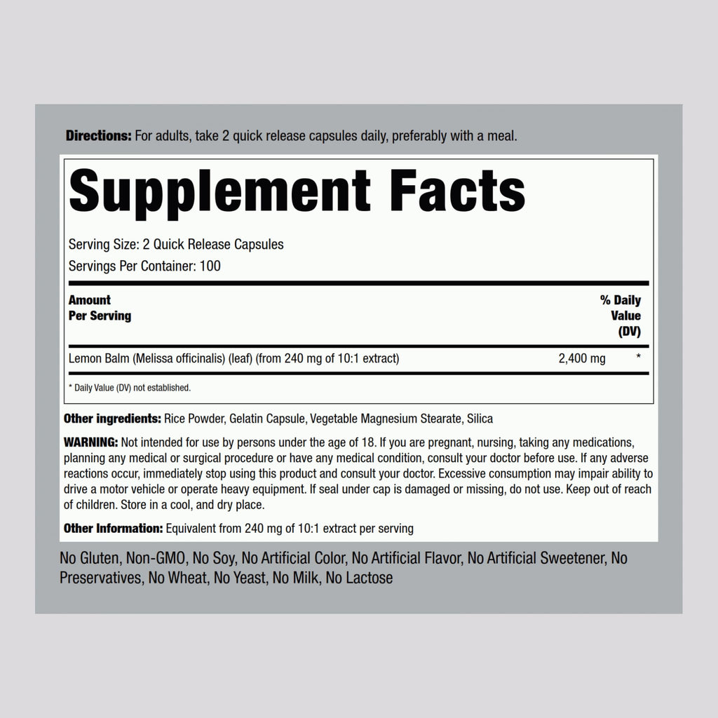 Gluten free lemon balm extract capsules
