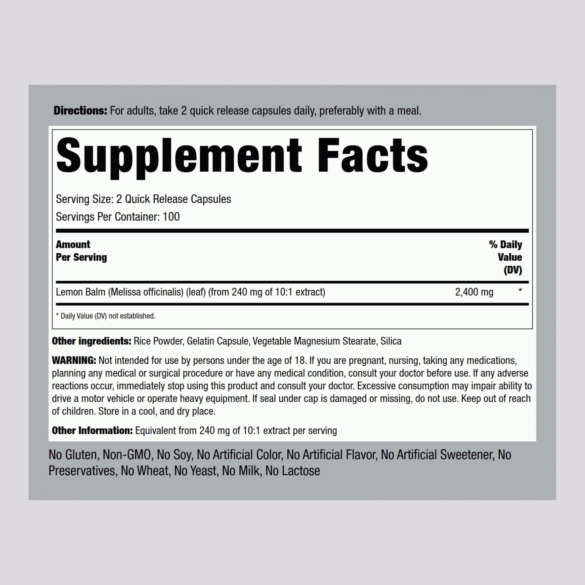 Gluten free lemon balm extract capsules