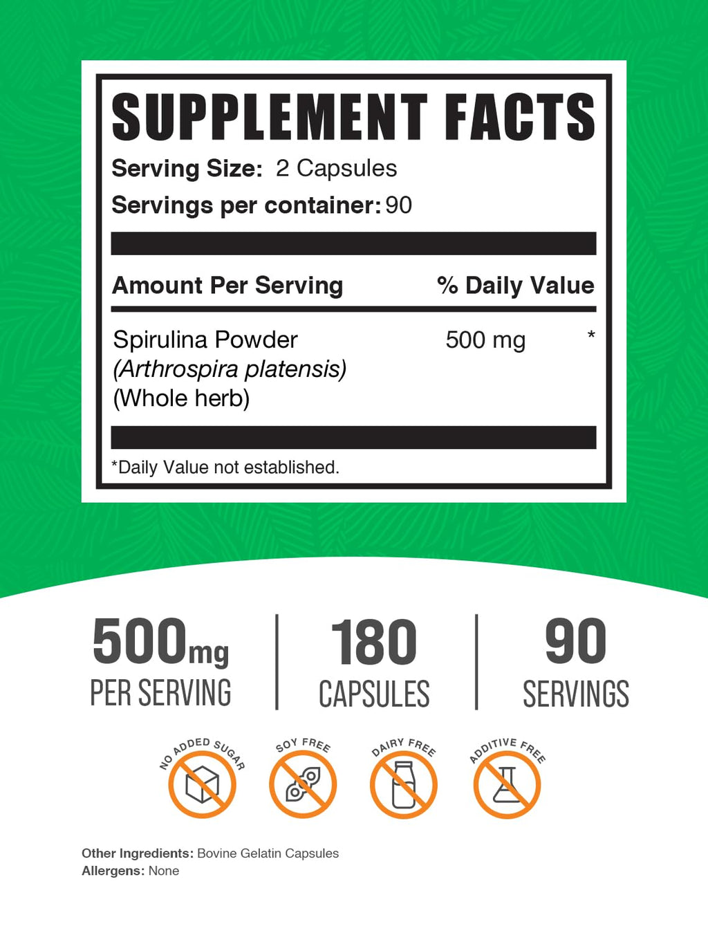 Gluten-free spirulina capsules for health