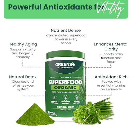 Greens+ Organic RAW Superfood Powder - Super Blend for Immune Support & Energy Boost, Vegan Dietary Supplement (8.46oz) - 8