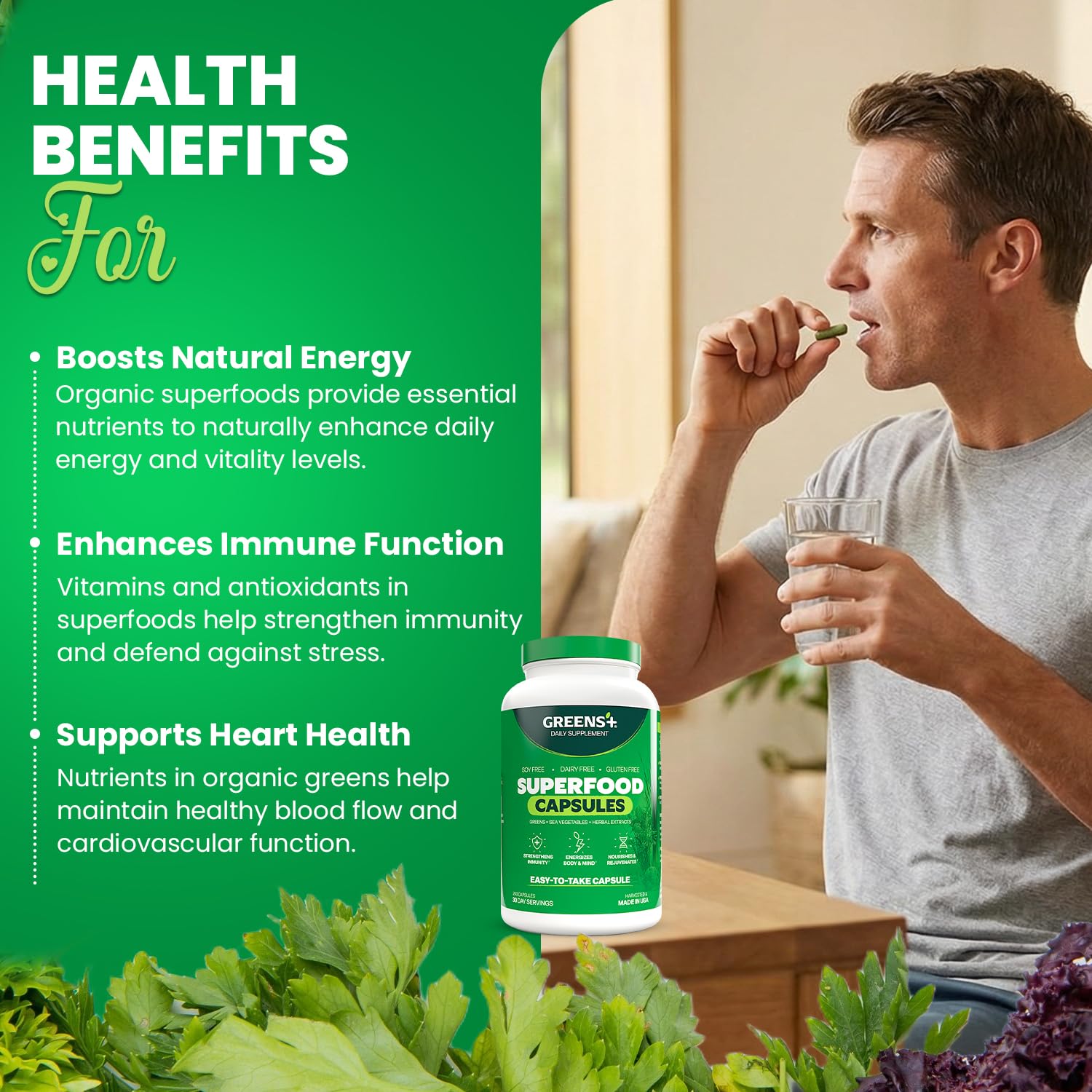 Greens+ superfood capsules for daily health