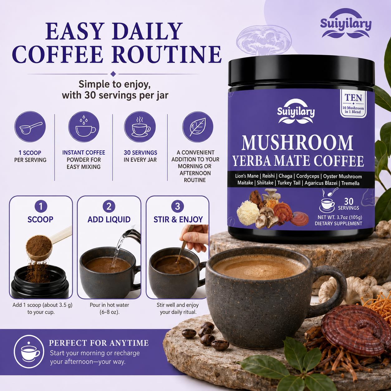 Healthy coffee alternative with mushrooms