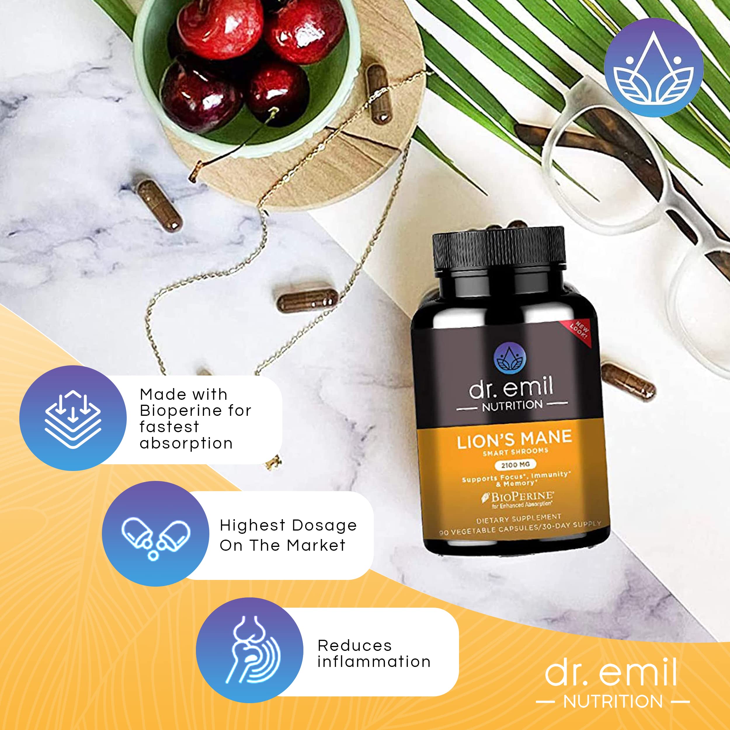 Herbal supplement with lion's mane mushrooms