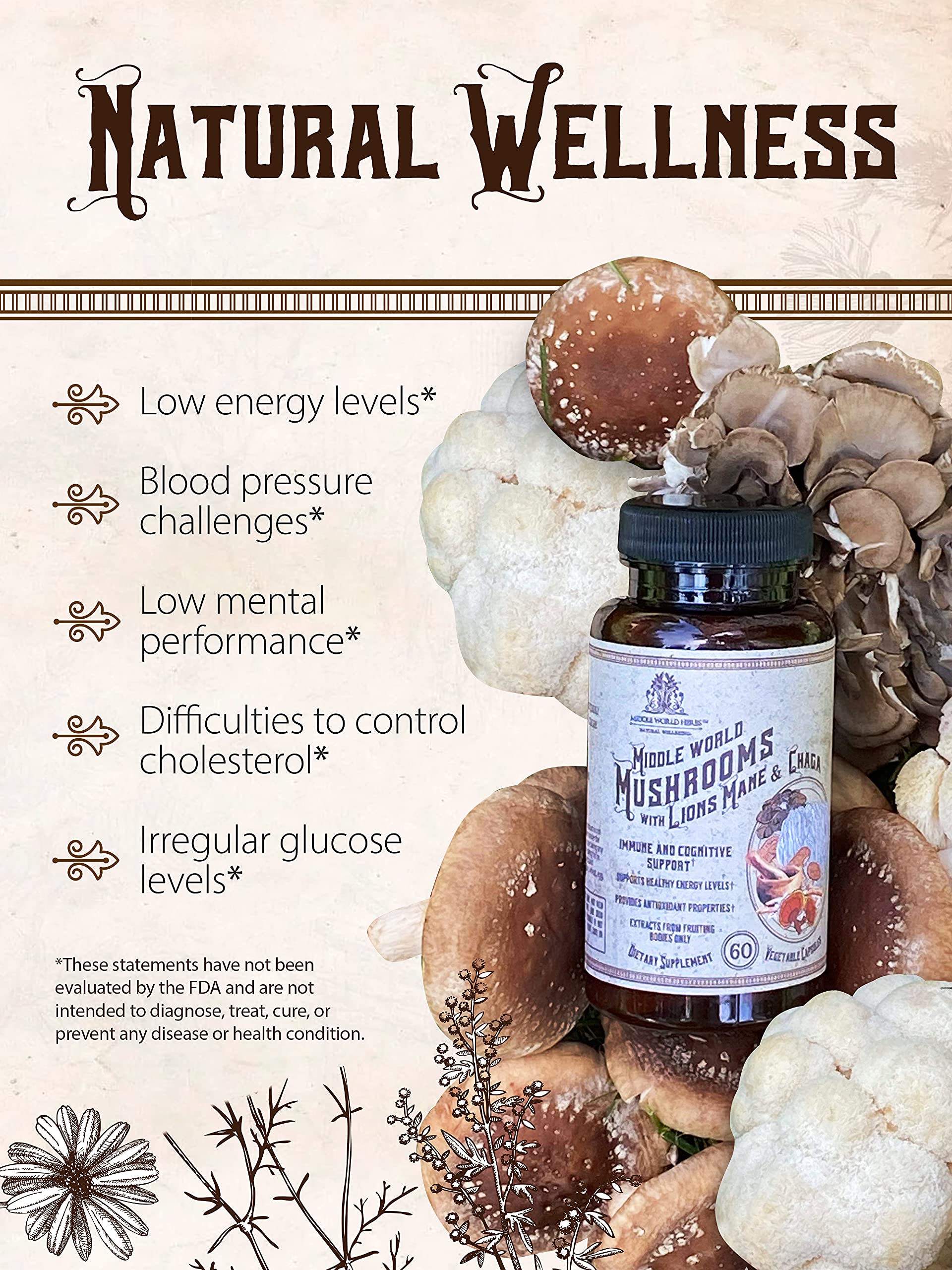 Herbal supplement with mushrooms for wellness