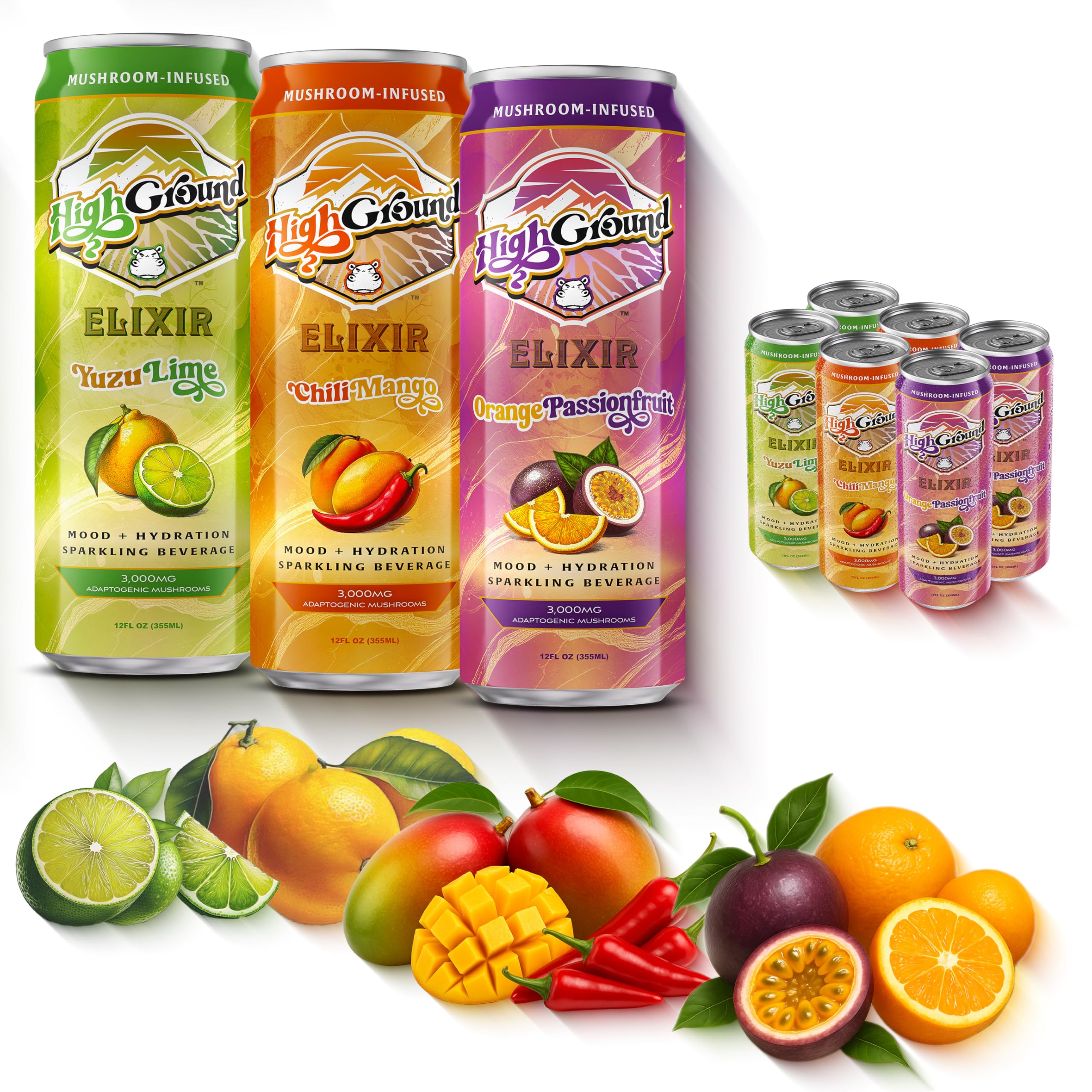 High Ground Elixir mushroom seltzer variety pack