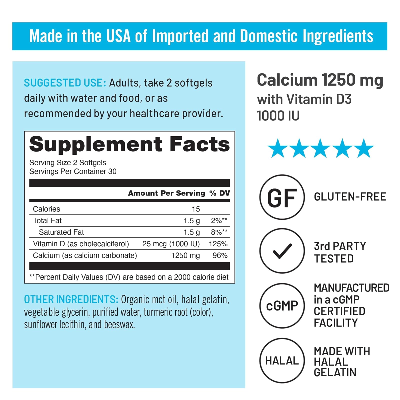 High potency calcium 1250 mg for daily health