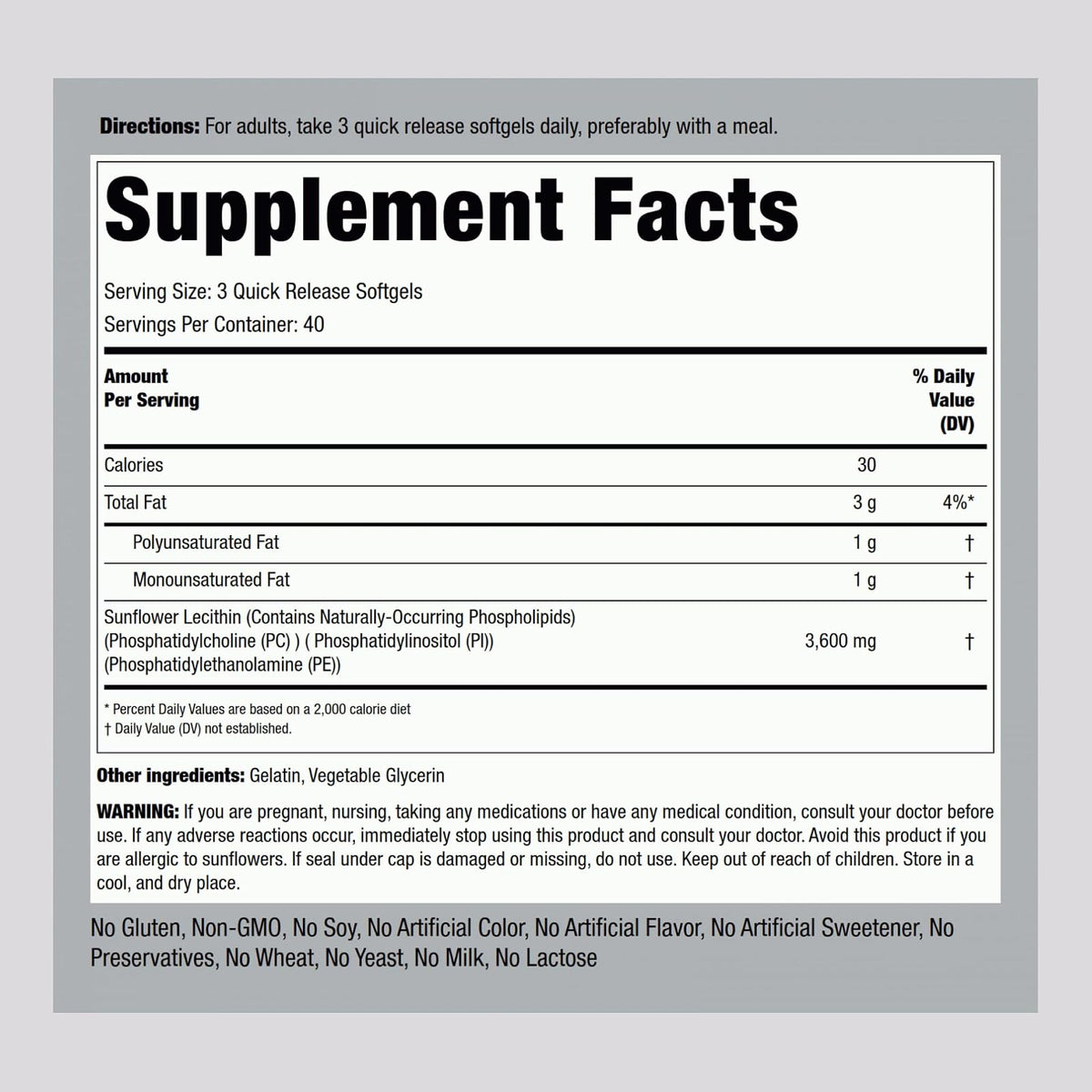 High potency sunflower lecithin softgels