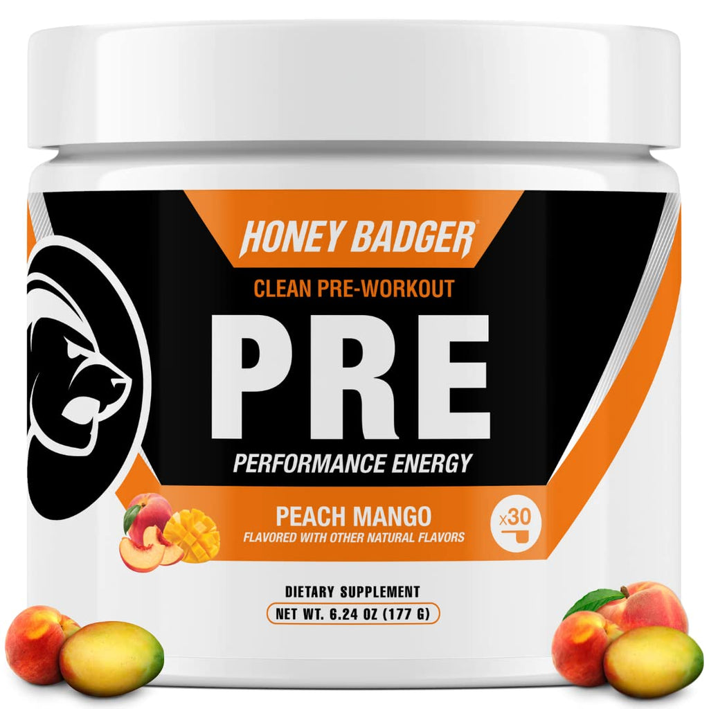 Honey Badger pre-workout peach mango flavour