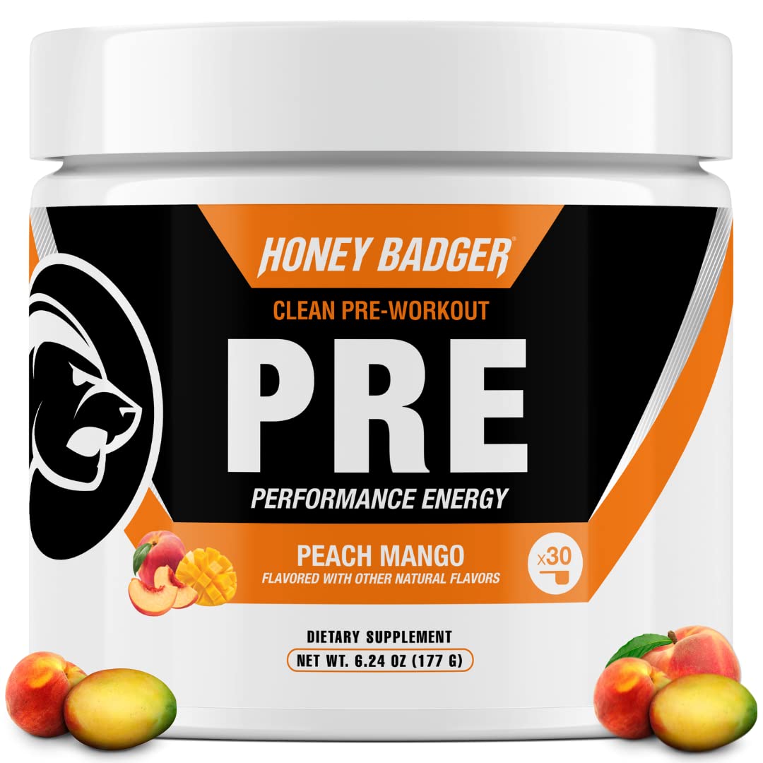 Honey Badger pre-workout peach mango flavour
