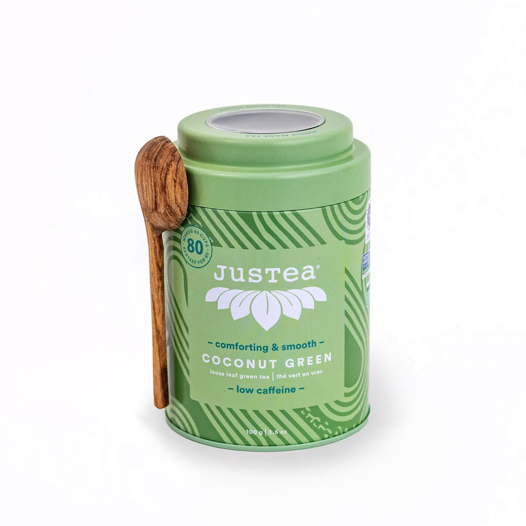 JusTea coconut green tea tin
