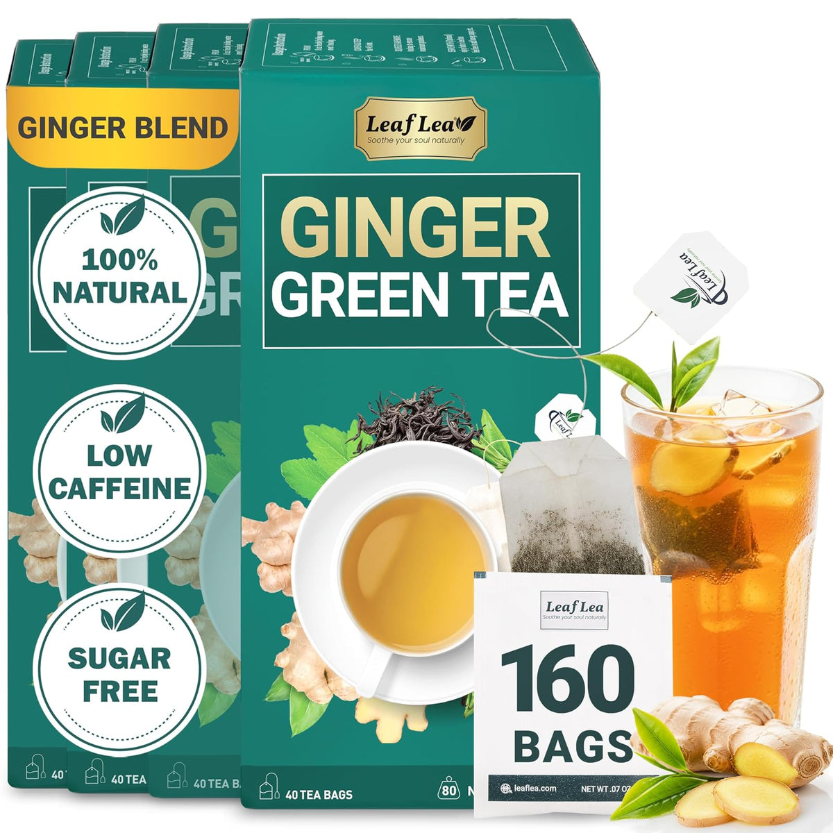 LeafLea green tea with ginger bags
