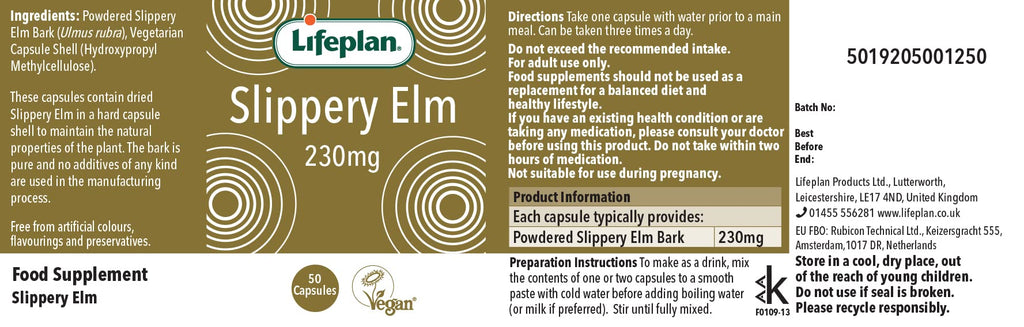 Lifeplan Slippery Elm capsules for soothing relief