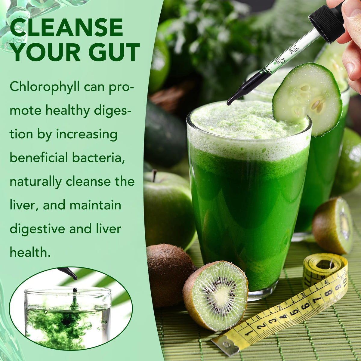 Liquid chlorophyll drops for digestion