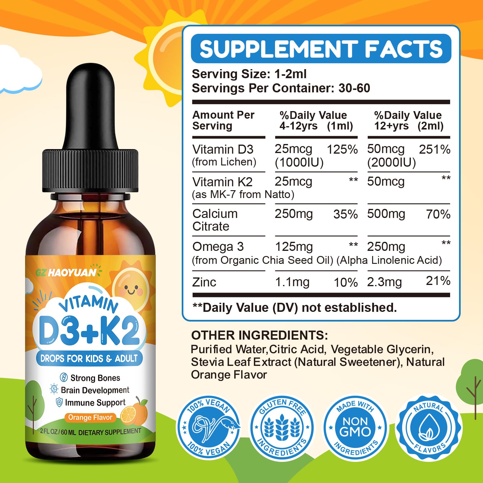 Liquid vitamin D3 K2 supplement
