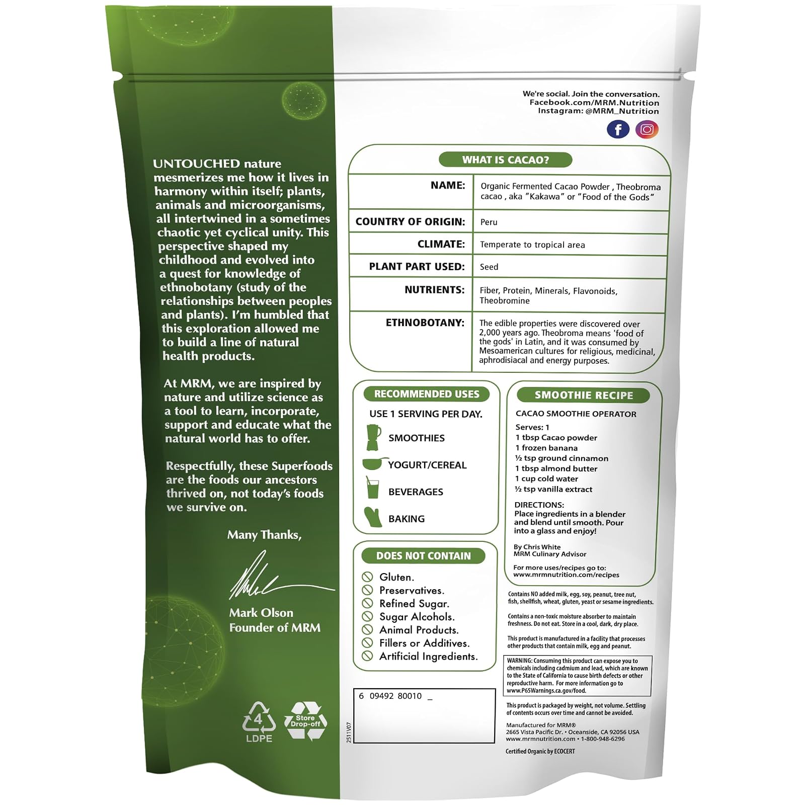 MRM Nutrition cacao powder for smoothies