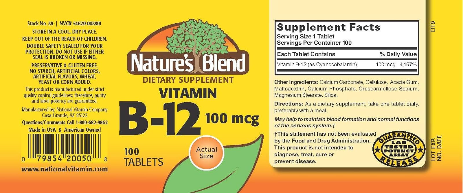 NAT B 100 mcg B12 tablets