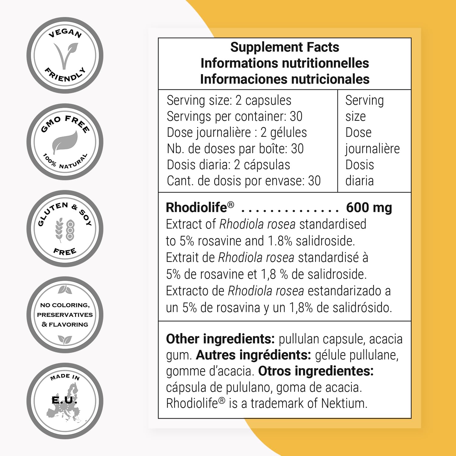 Natural adaptogen Rhodiola Rosea supplement