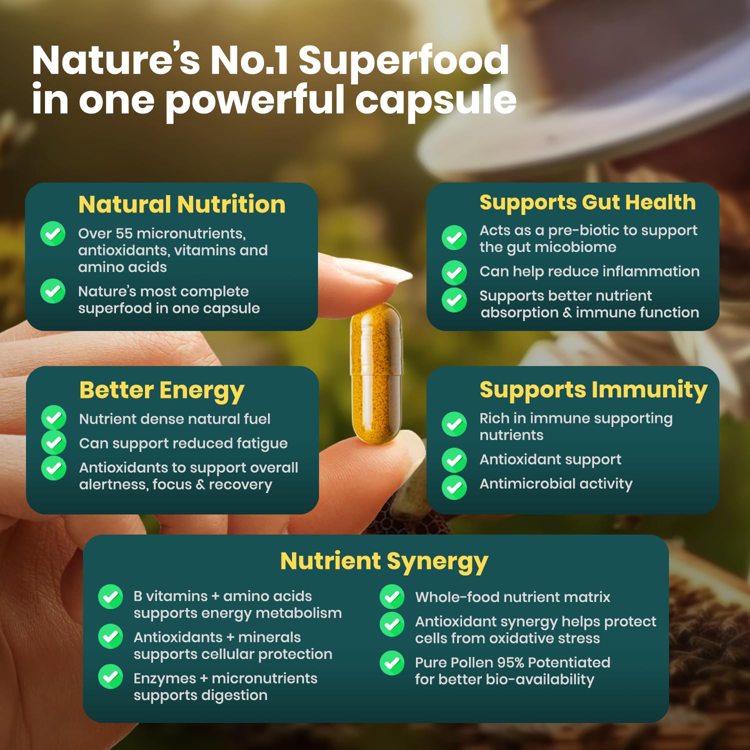 Natural bee pollen capsules for vitality