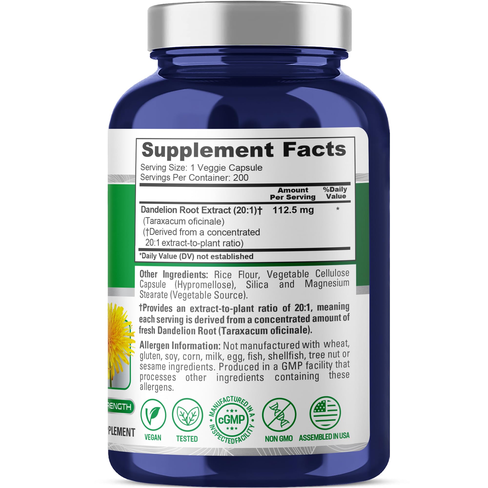 Natural dandelion root extract capsules