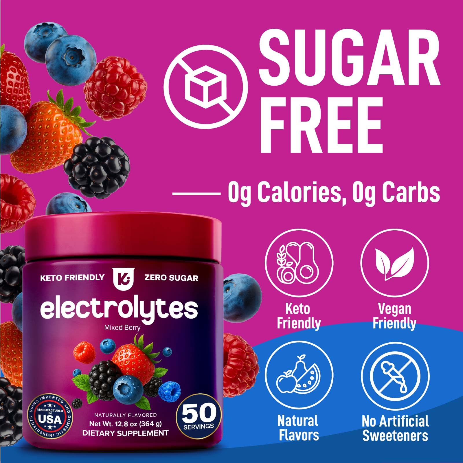 Natural electrolyte powder with mixed berry flavour