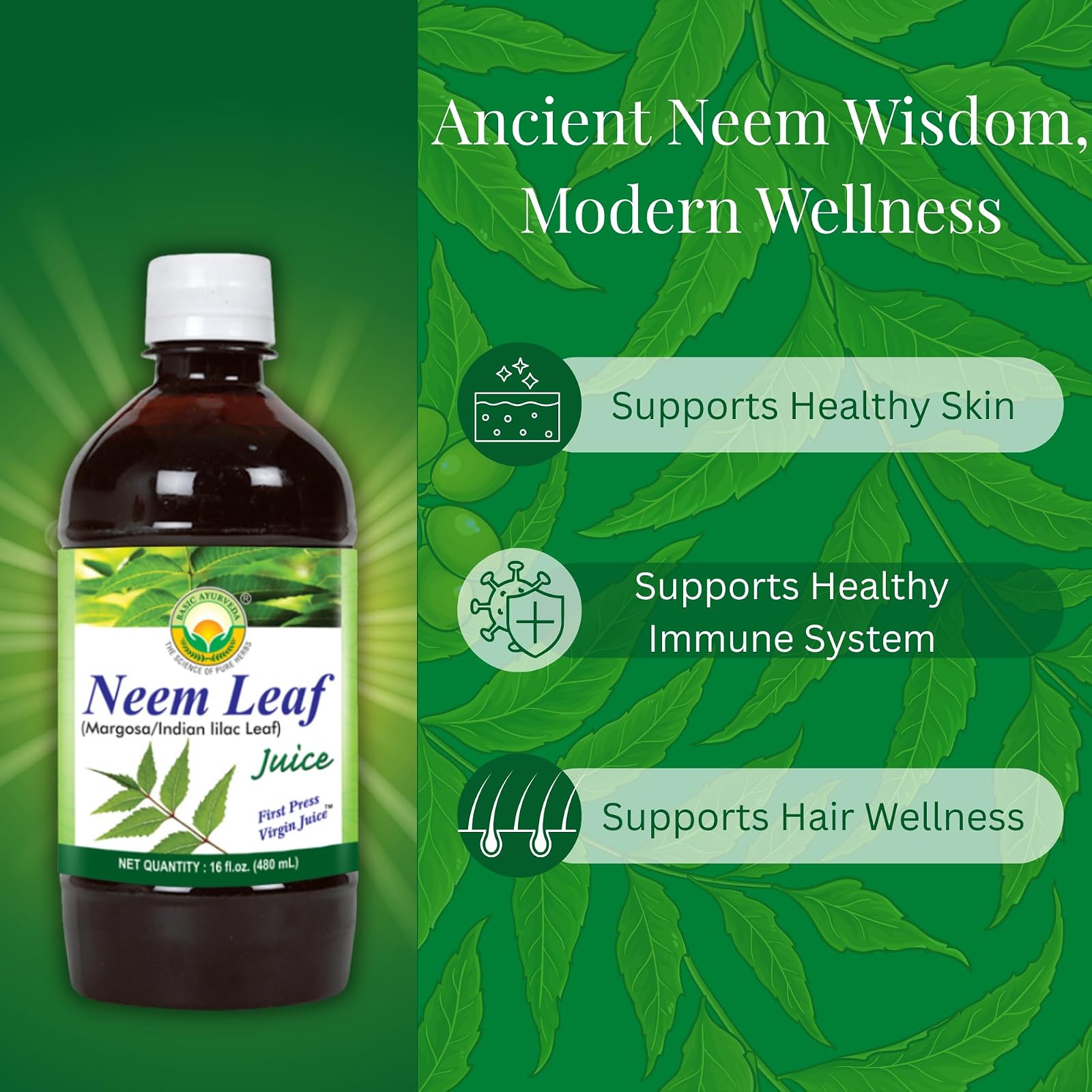 Natural neem leaf juice for skin health