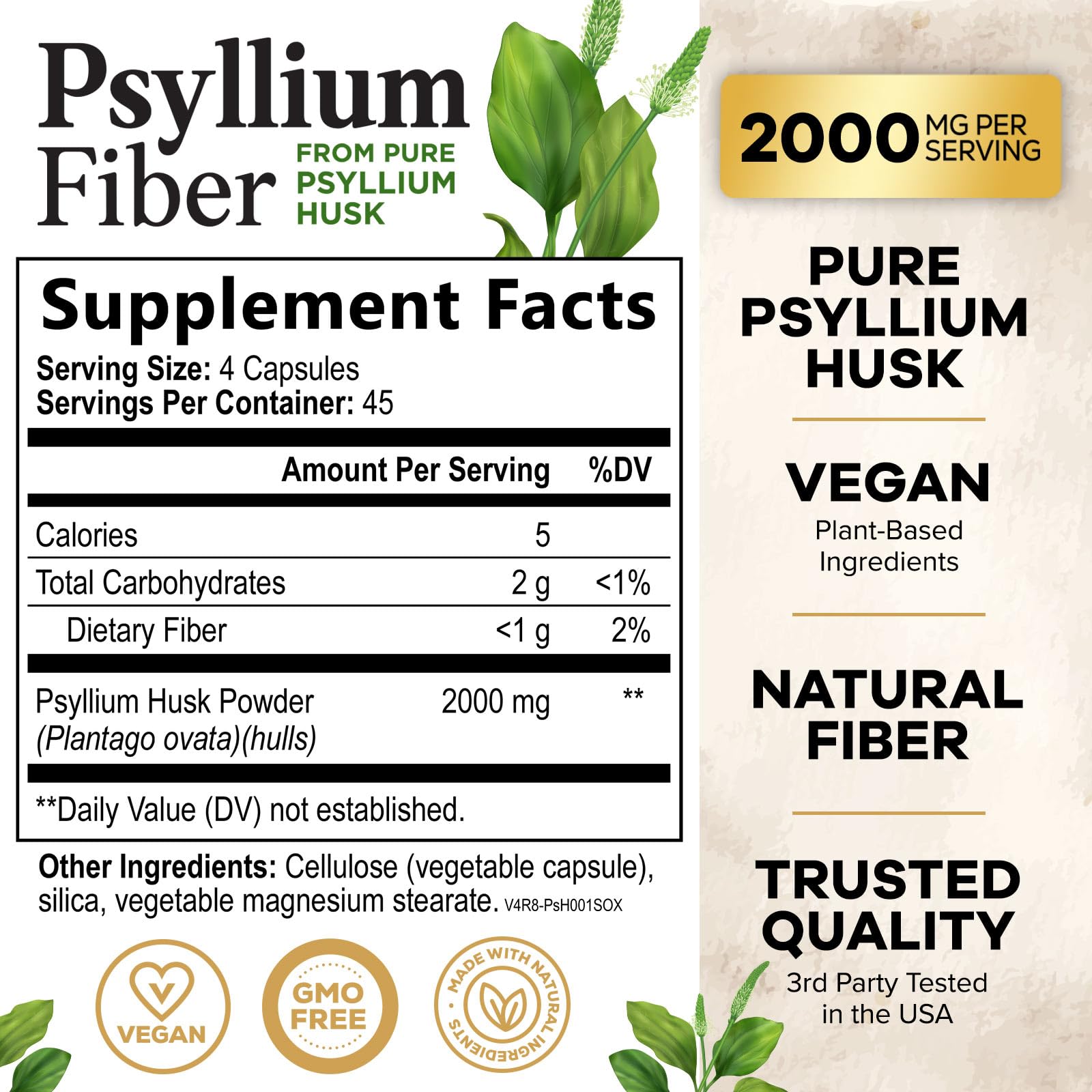 Natural psyllium husk supplement capsules
