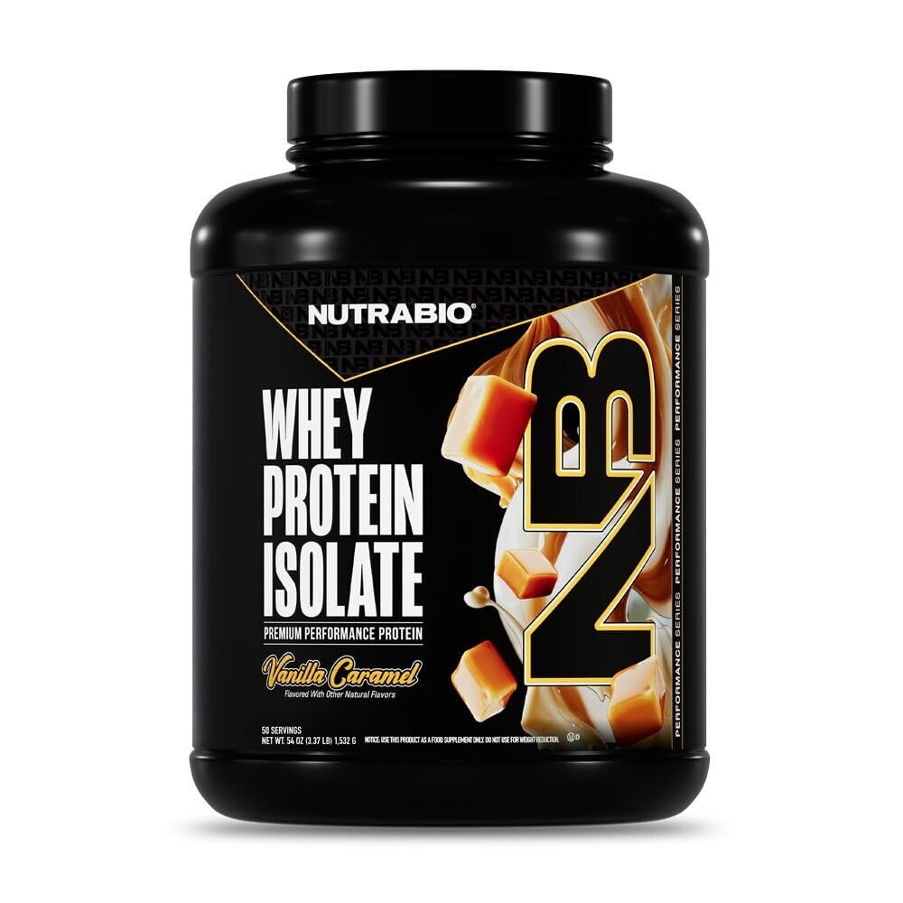 NutraBio whey protein isolate vanilla caramel