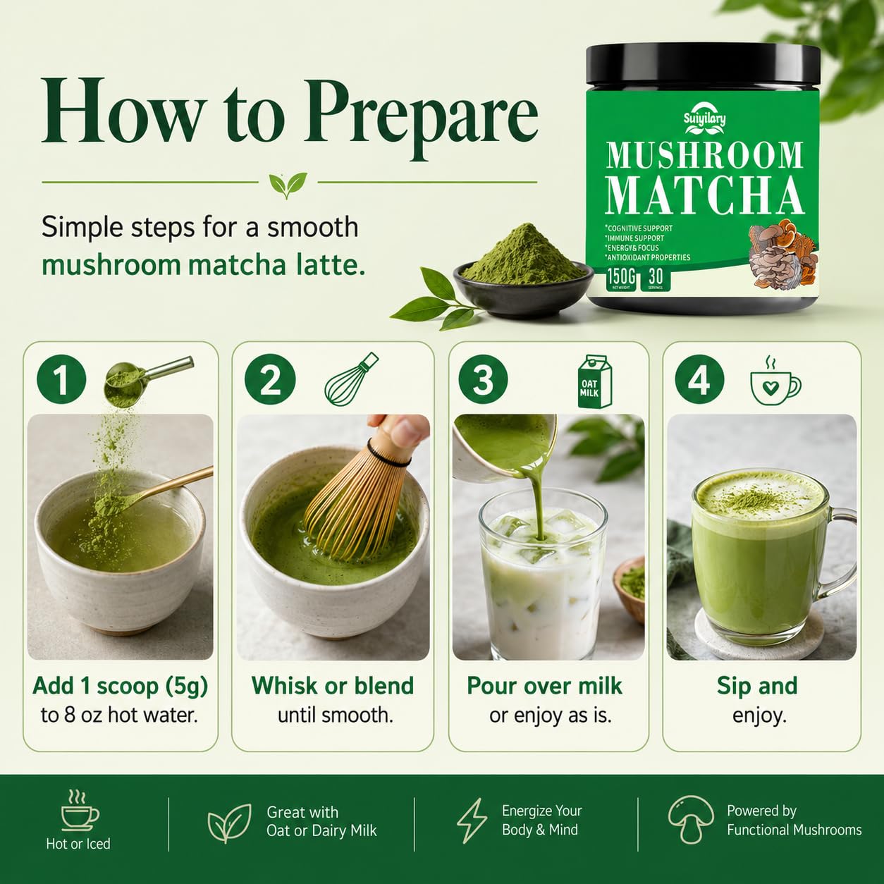 Nutritious matcha with superfood mushrooms