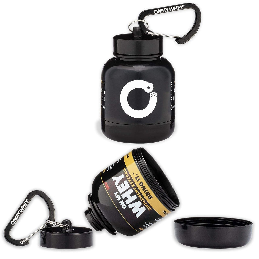 OnMyWhey protein powder funnel keychain