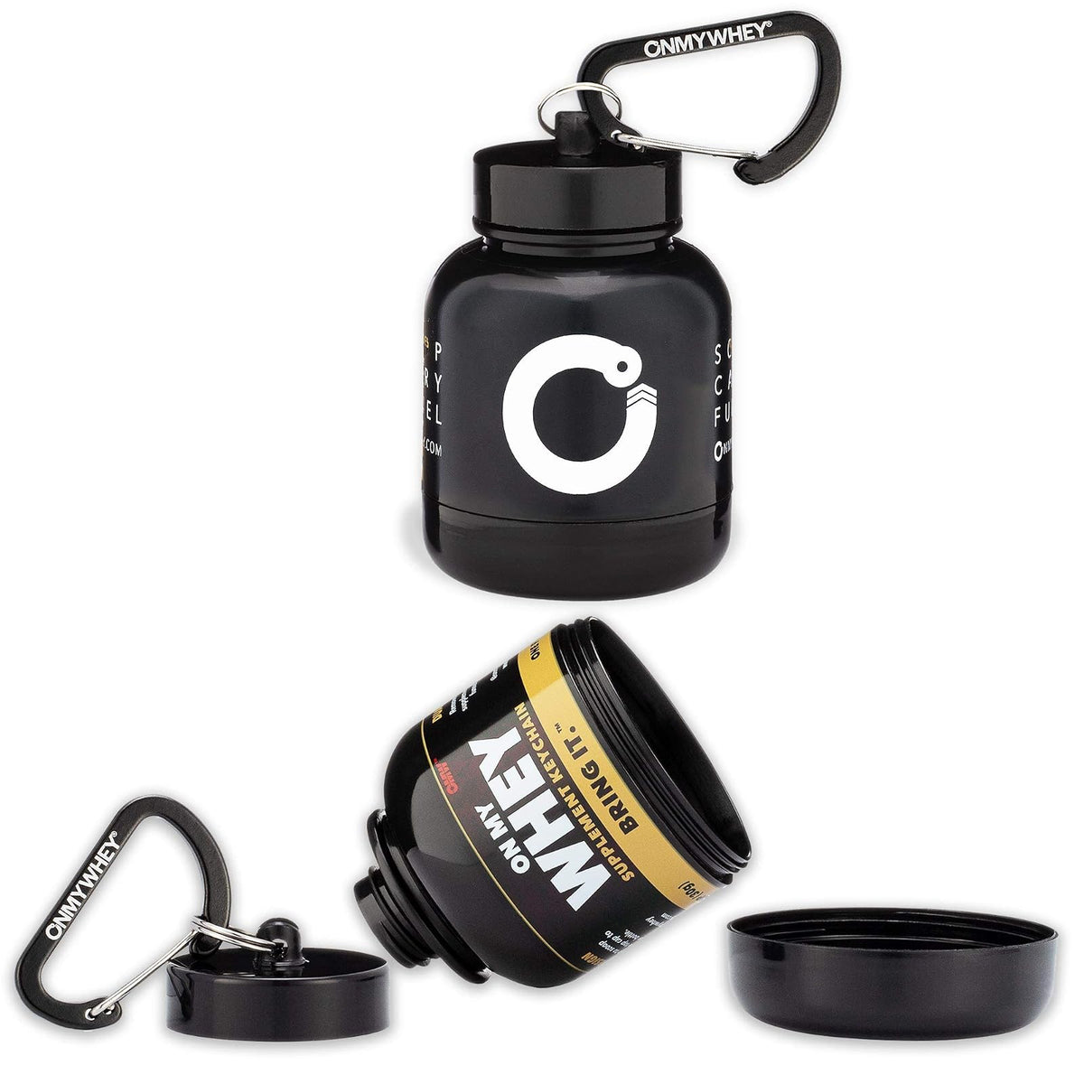 OnMyWhey protein powder funnel keychain