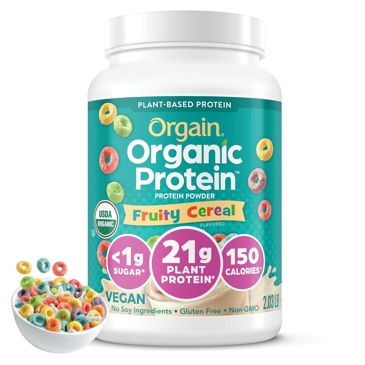 Orgain vegan protein powder fruity cereal