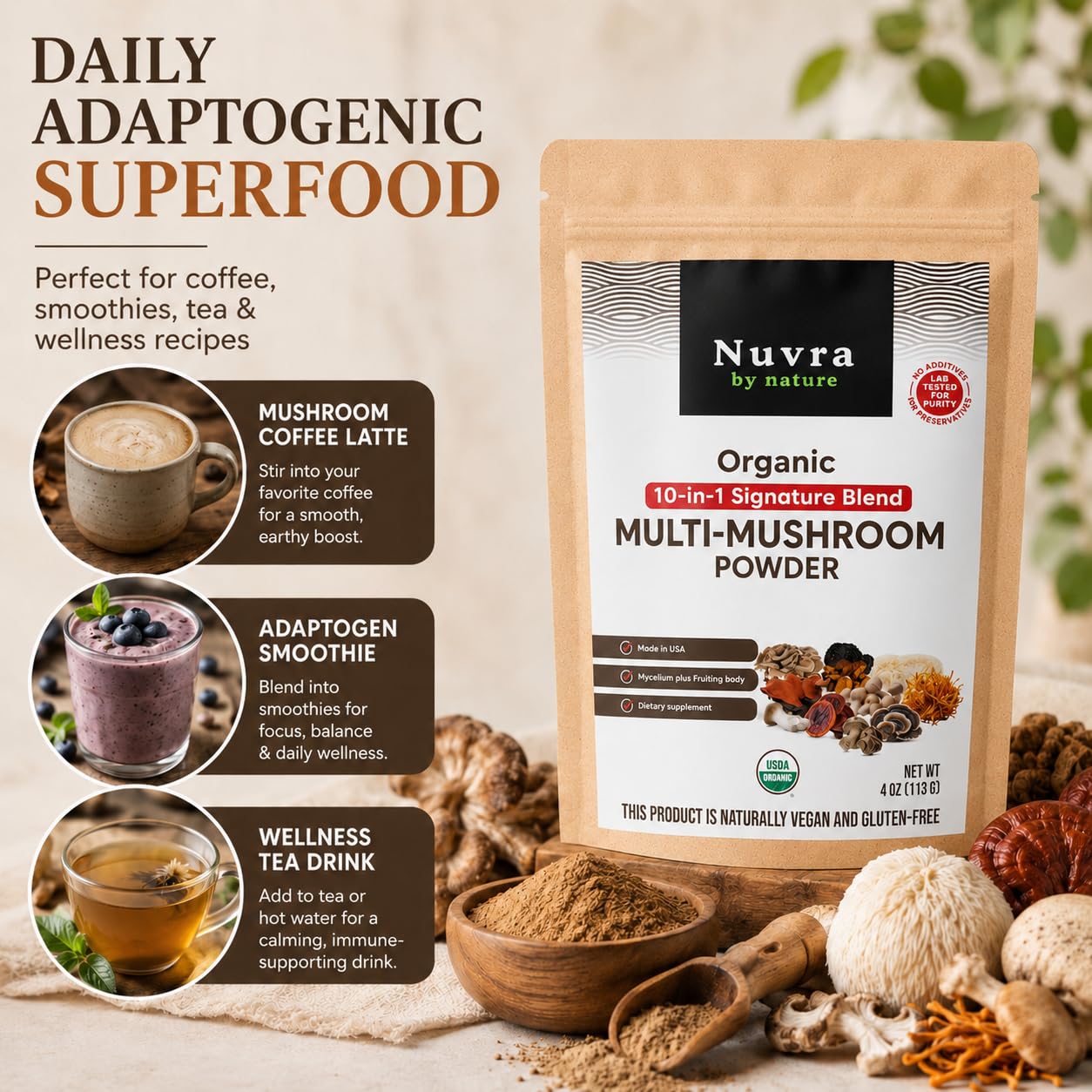 Organic adaptogen mushroom blend