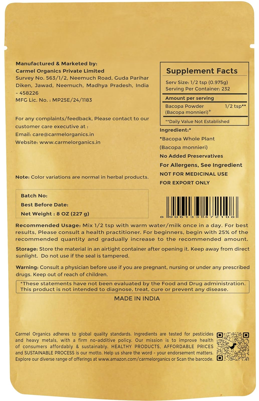 Organic Bacopa Monnieri for mental clarity