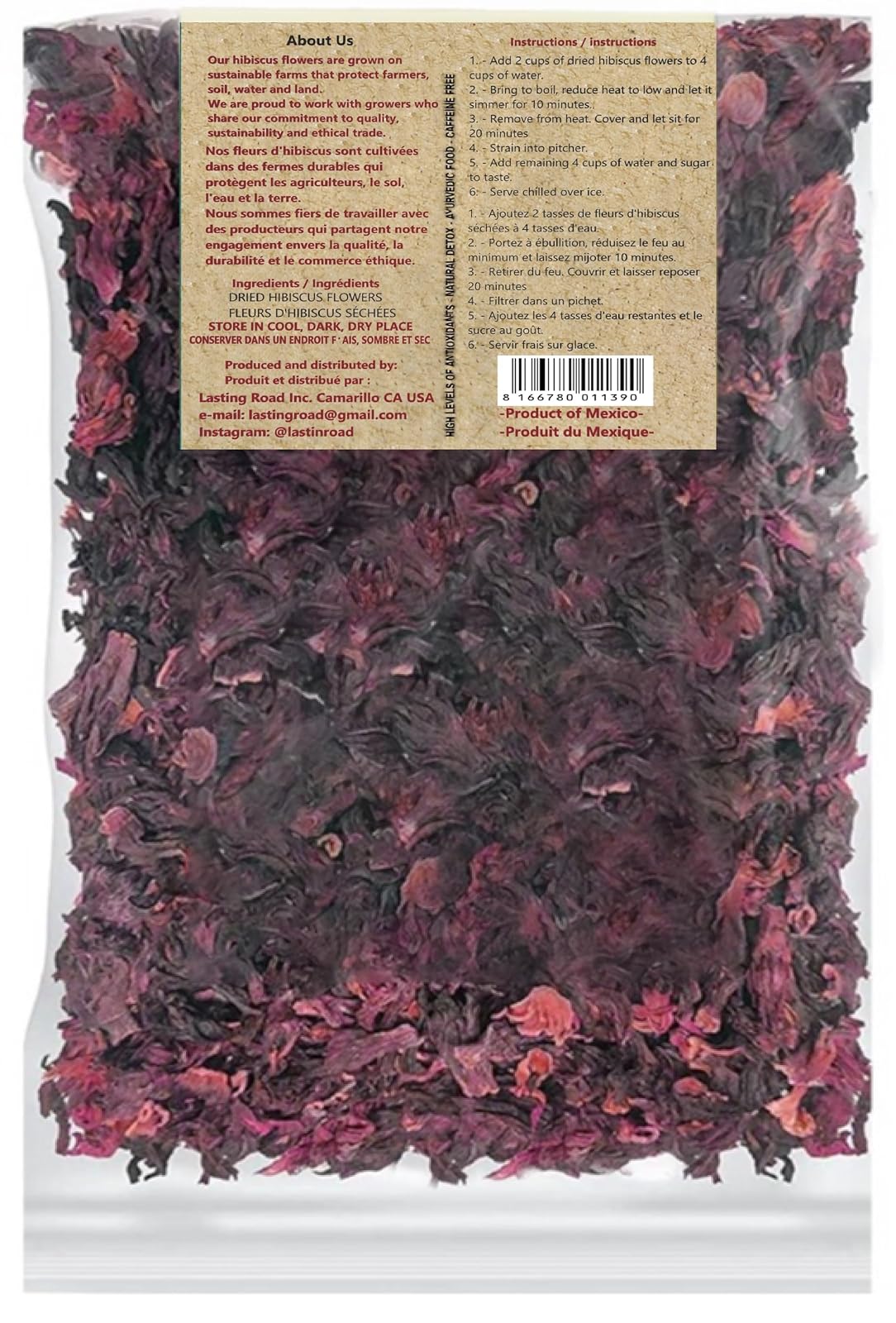 Organic hibiscus tea flowers in resealable bag