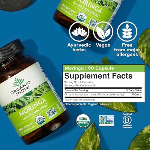 ORGANIC INDIA Moringa Herbal Supplement - Nutrient-Dense Green Superfood, Vegan, Gluten-Free, USDA Certified Organic - 90 Capsules - 12