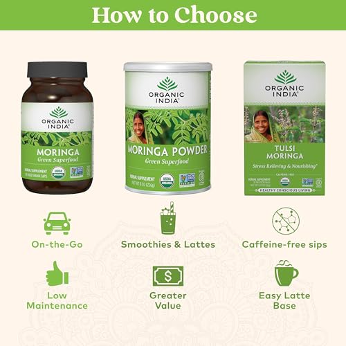 ORGANIC INDIA Moringa Herbal Supplement - Nutrient-Dense Green Superfood, Vegan, Gluten-Free, USDA Certified Organic - 90 Capsules - 14