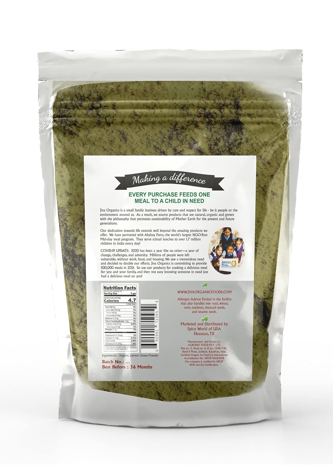Organic lemongrass powder for herbal tea