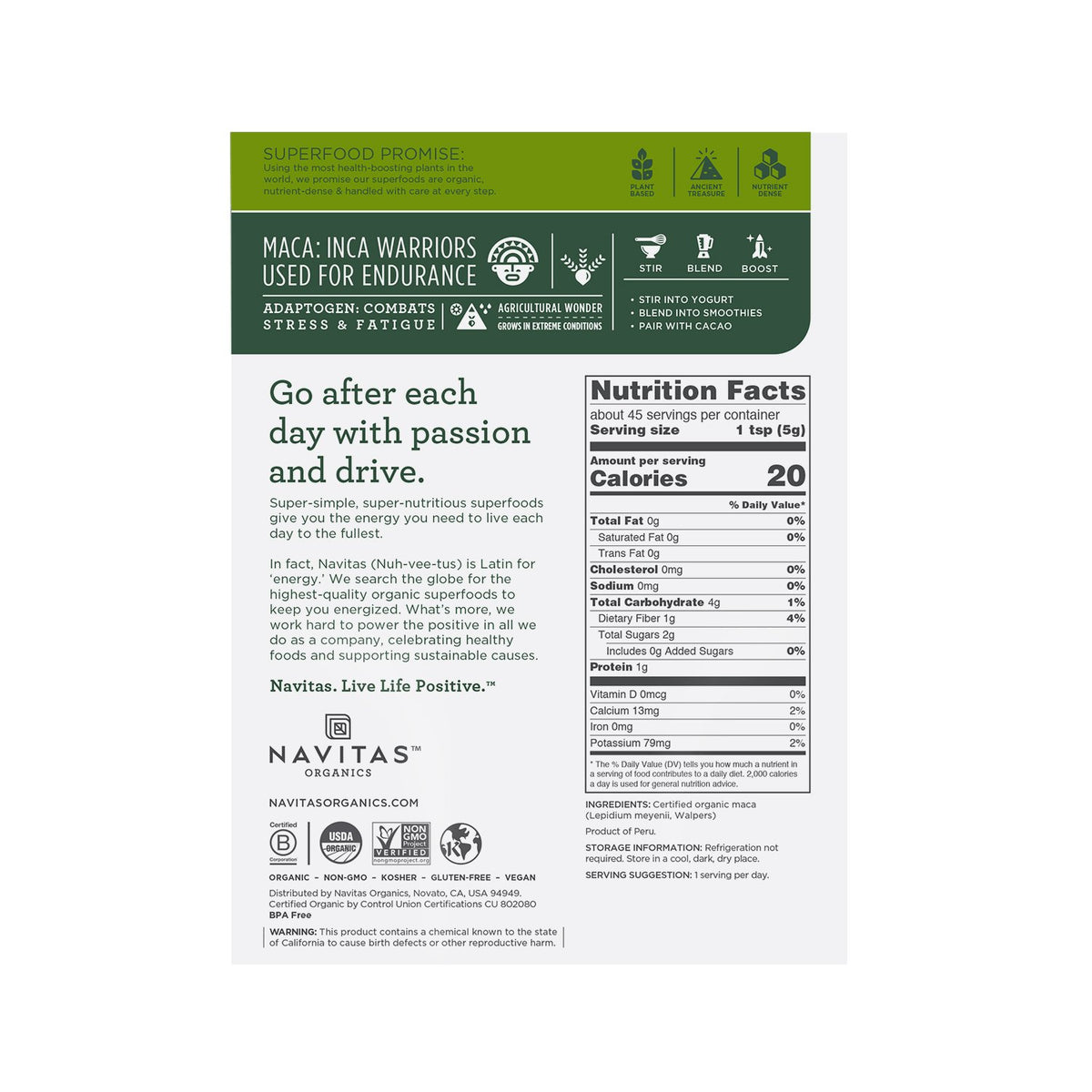 Organic maca powder for smoothies