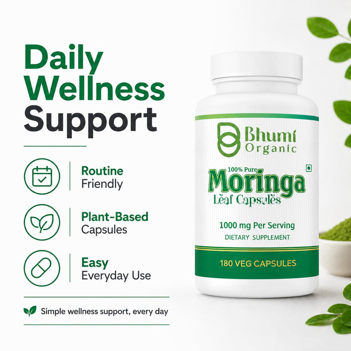 Organic Moringa capsules for daily use