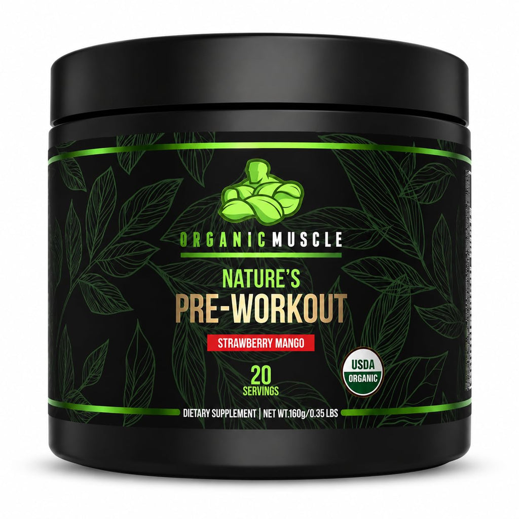 organic muscle pre-workout powder strawberry mango