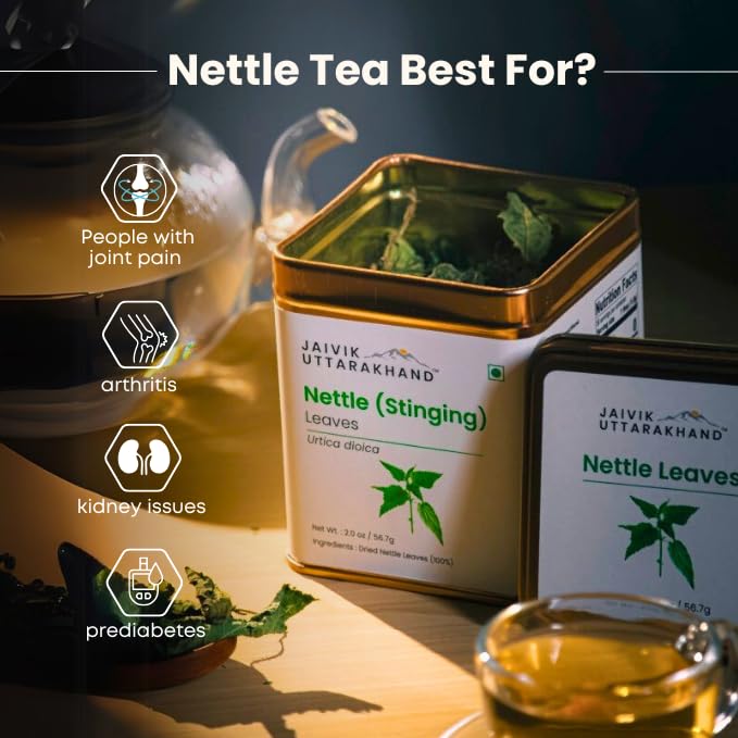 organic nettle tea in tin boxes