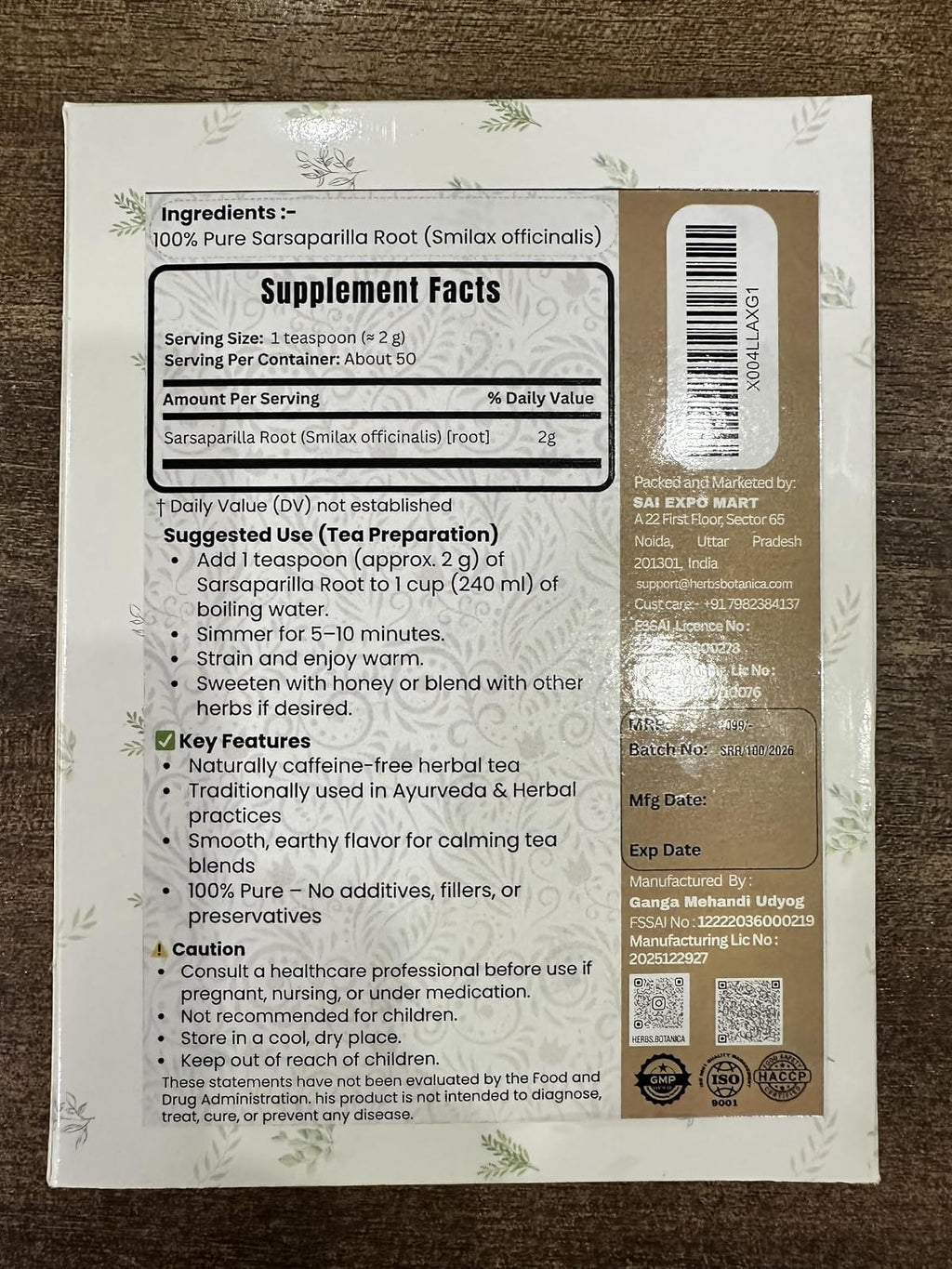 organic sarsaparilla root tea for detox